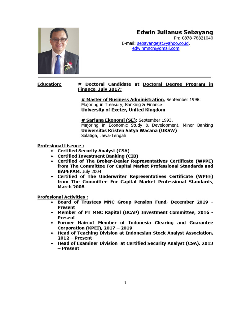 Finance & Investment Expert Profile | PDF | Jakarta | Financial Markets