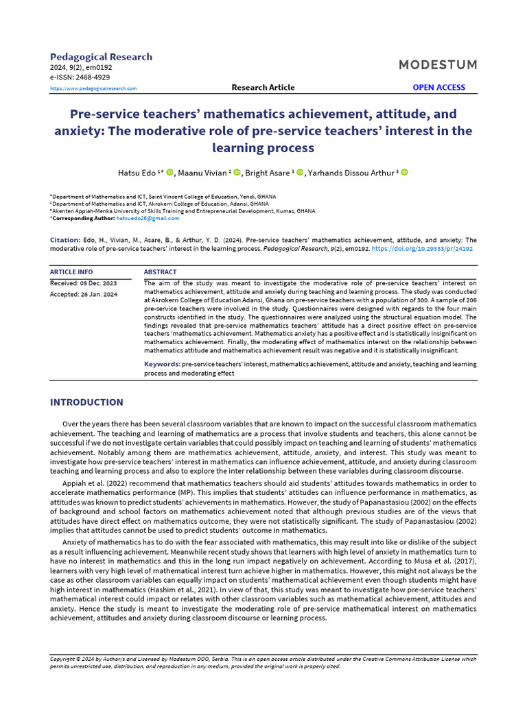 Pre Service Teachers Mathematics Achievement Attitude and Anxiety The ...