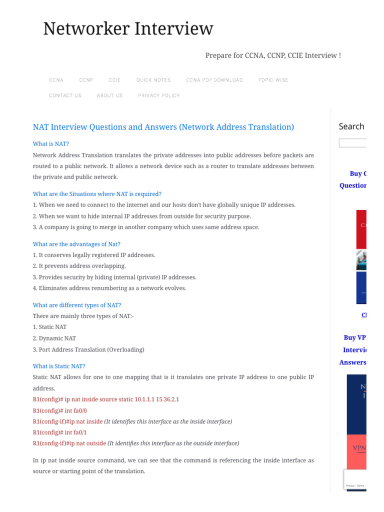 NAT Interview Questions and Answers (Network Address Translation) - Networker Interview | PDF ...