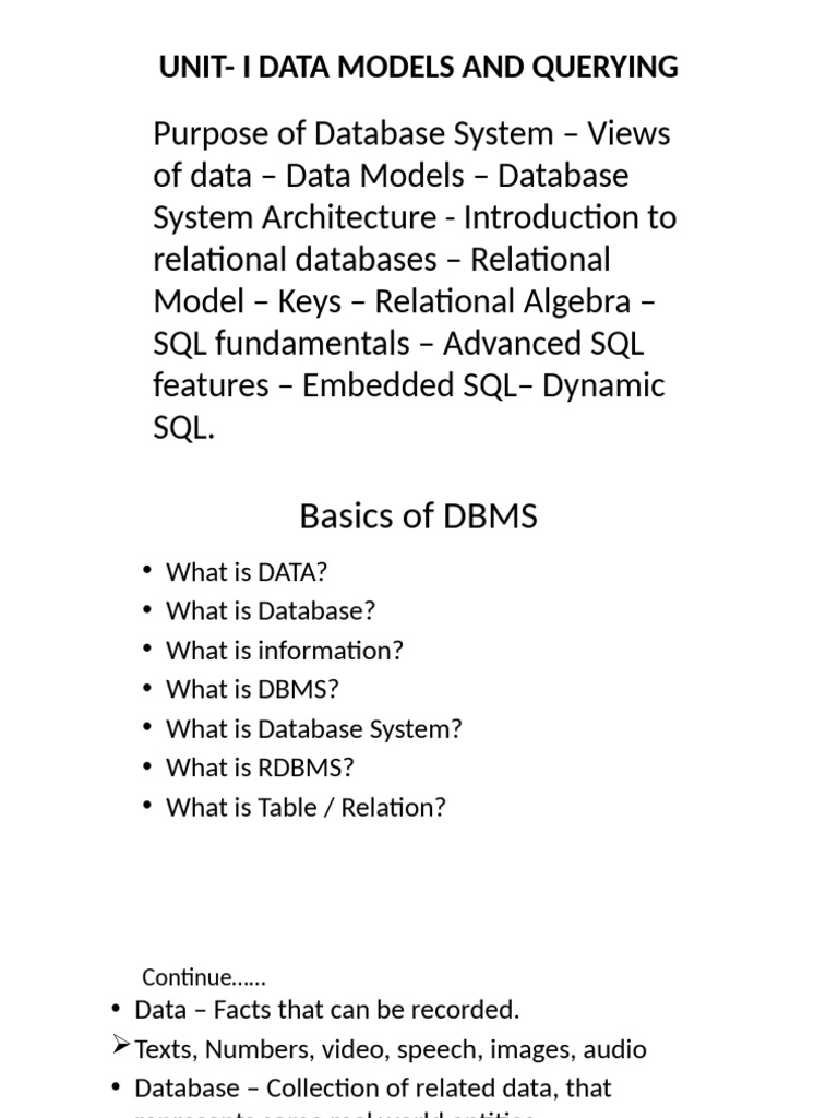 UNIT- I DATA MODELS AND QUERYING | PDF | Relational Database | Databases
