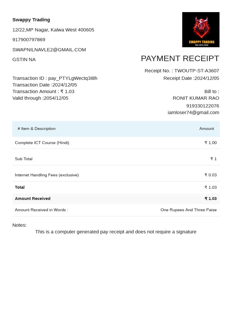 Swappy Trading Course Payment Receipt | PDF