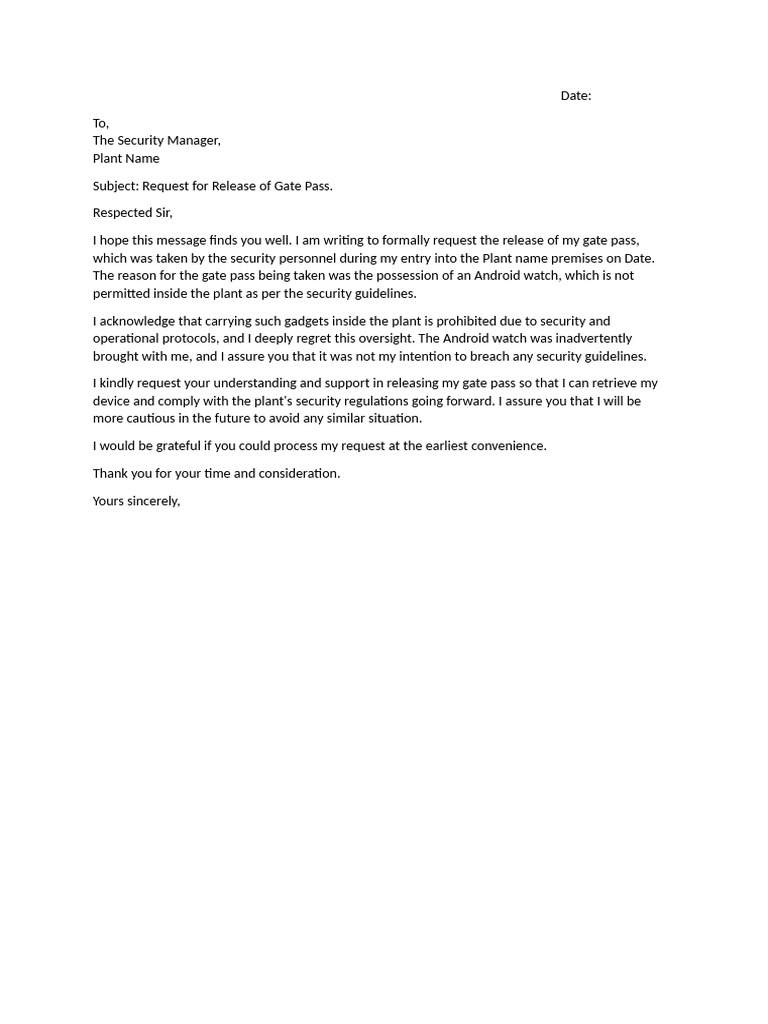 Gate Pass Release Request Letter | PDF