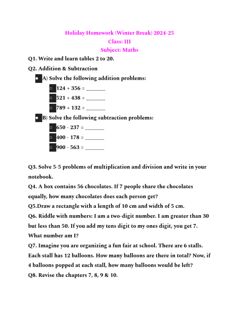 Winter Break HW 3rd Maths | PDF