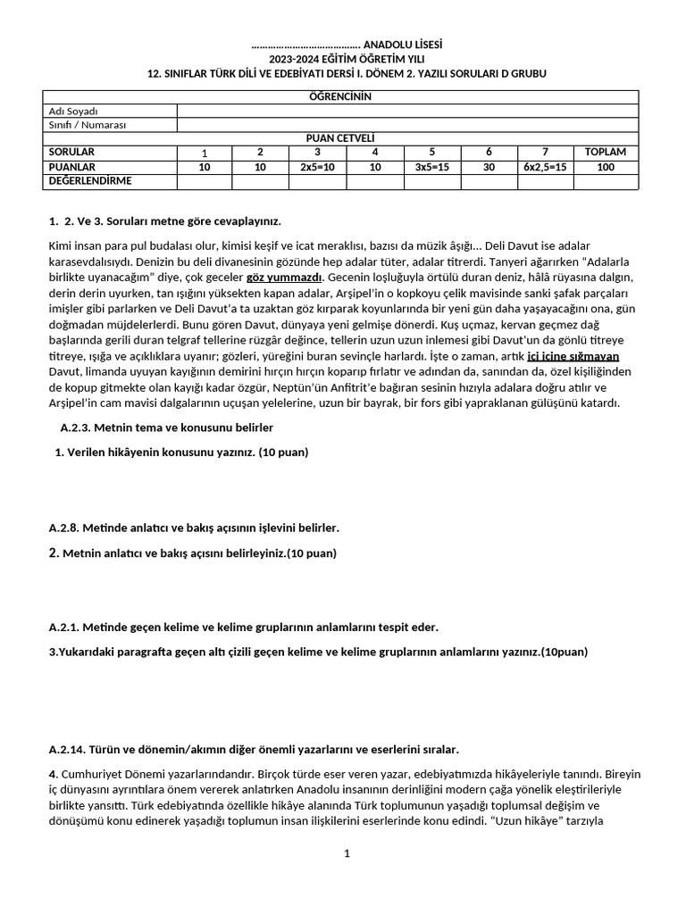2023 2024 12. Sinif Turk Dili Ve Edebiyati Dersi 1. Donem 2. Yazili | PDF