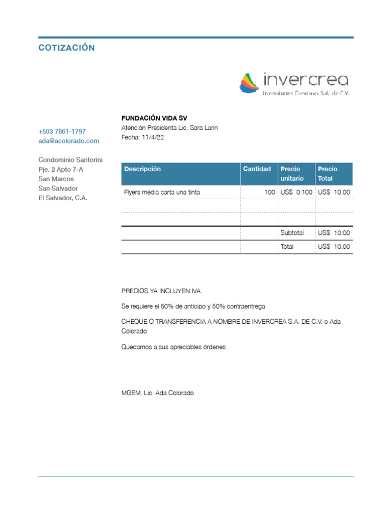 Cotización de Flyers para Fundación Vida SV | PDF