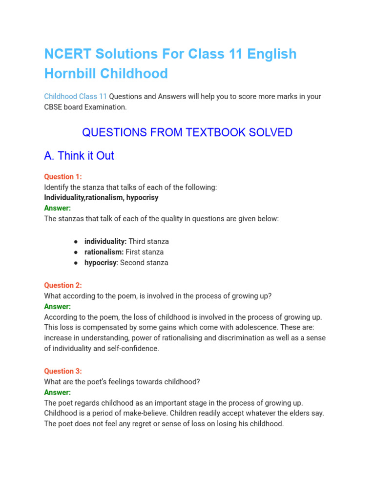 NCERT Solutions For Class 11 English Hornbill Childhood | PDF | Mind ...