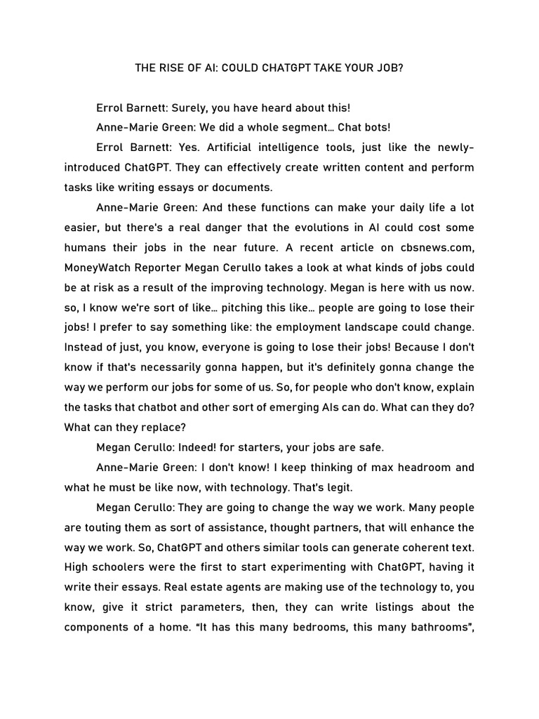 Transcription THE RISE OF AI COULD CHATGPT TAKE YOUR JOB (1) | PDF | Artificial Intelligence ...