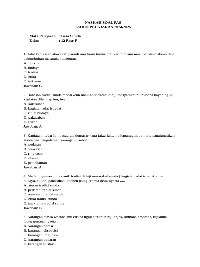 Soal Pas B.sunda KLS Xii | PDF