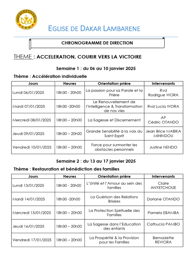 Programme de prière à Lambaréné 2025 | PDF