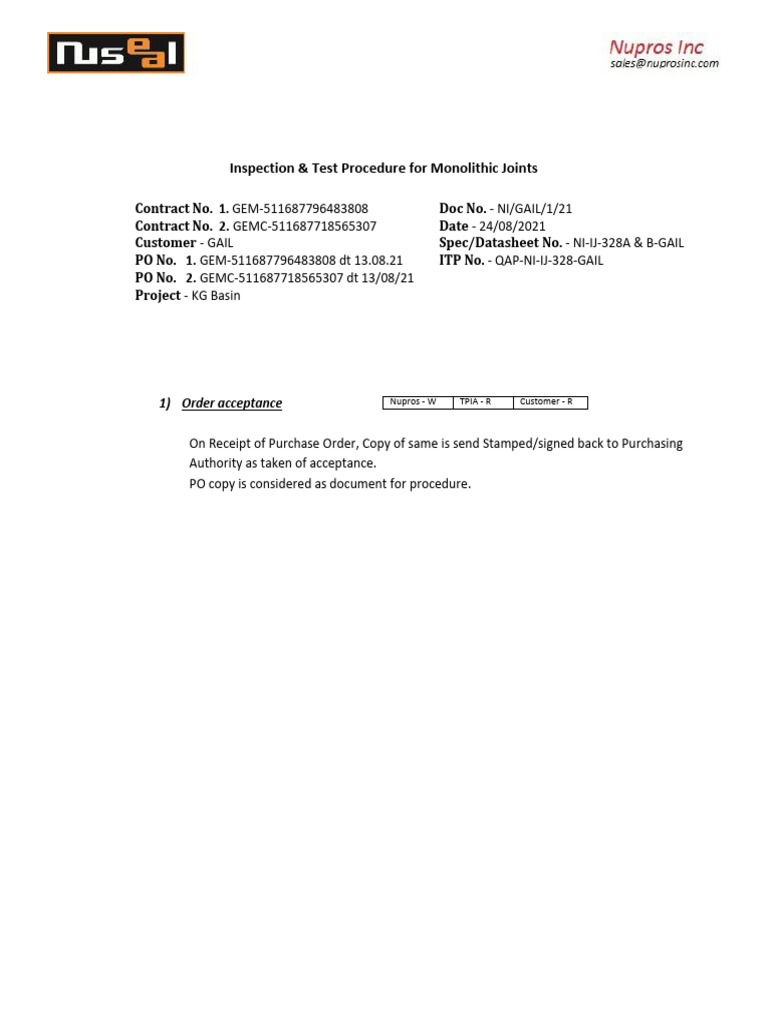 GAIL Testing procedure For Monolithic Joint | PDF | Nondestructive ... GAIL Testing procedure For Monolithic Joint | PDF | Nondestructive ...