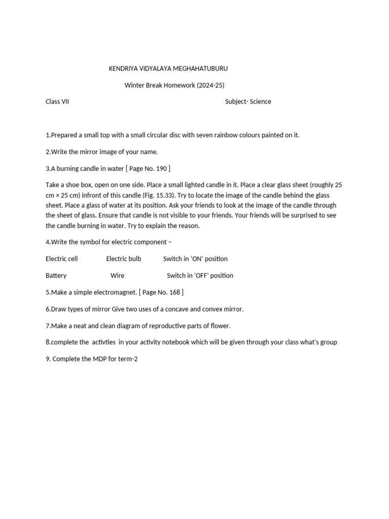 Class 7 SCIENCE Winter Break HW | PDF
