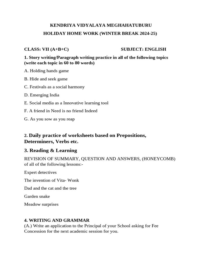 Kv, Mbr, Class Vii (a,b,c), English, Winter Break h.w. (2024-25) | PDF ...