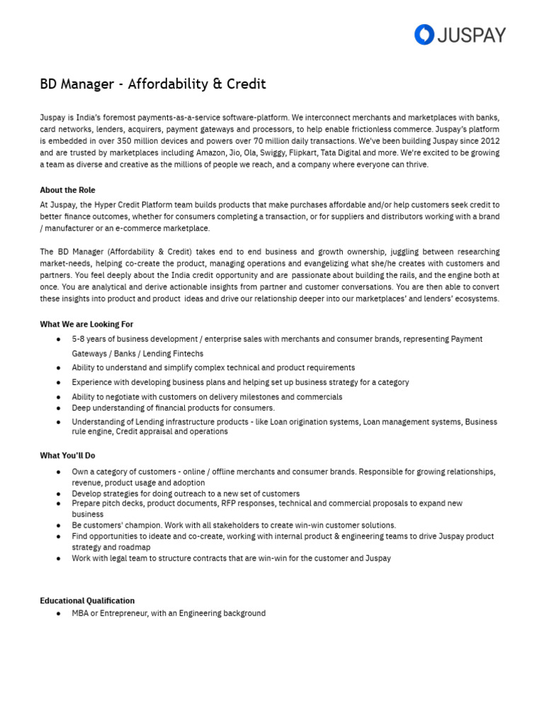 BD Manager Role in Affordability & Credit | PDF | Credit | Finance ...