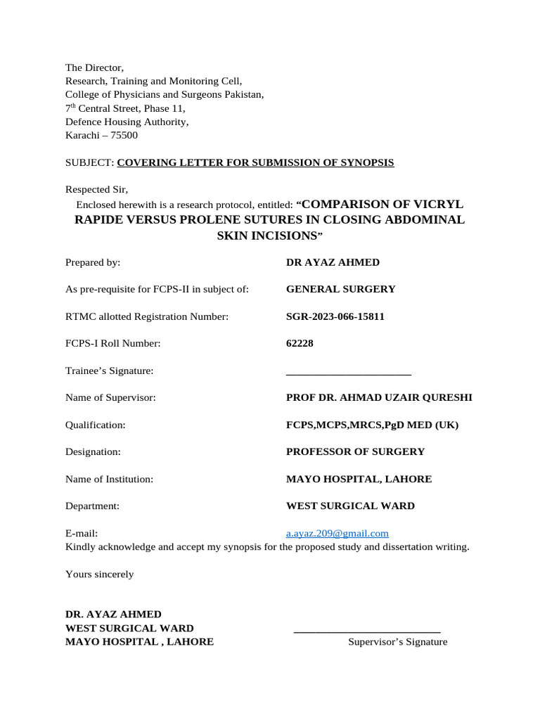 Covering Letter Synopsis | PDF | Surgery | Medicine