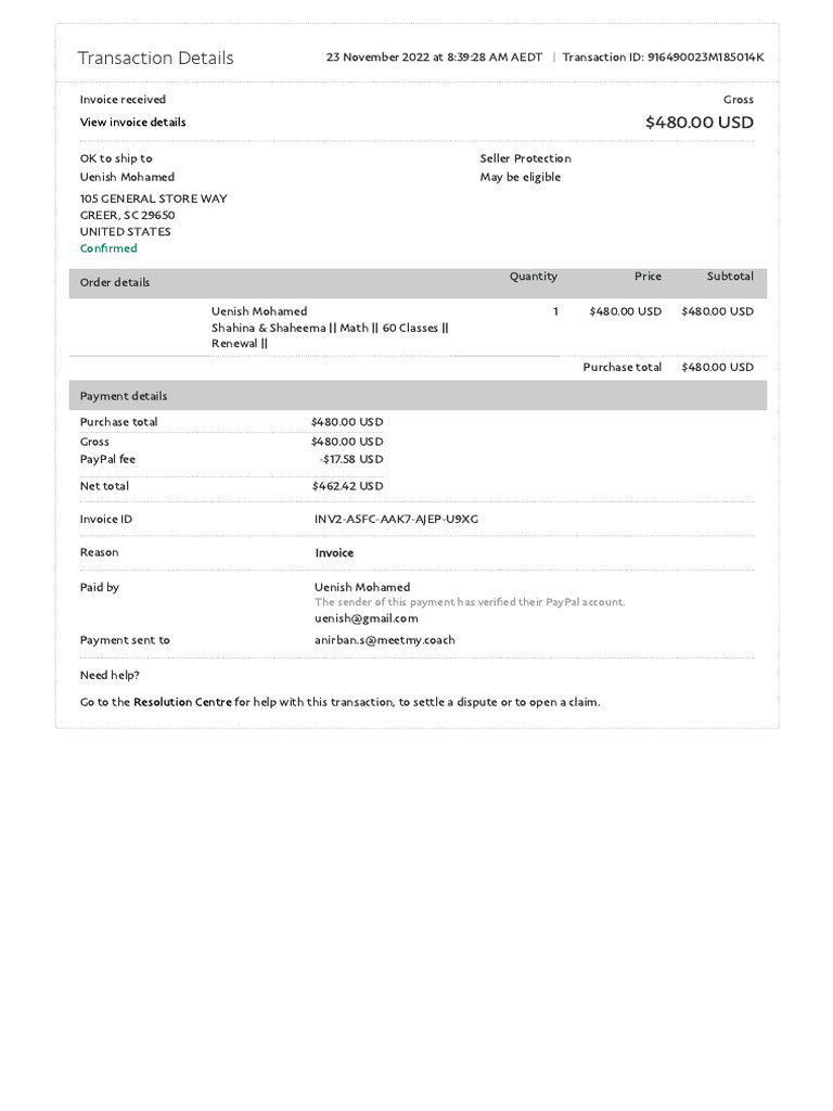 Transaction Details - PayPal | PDF
