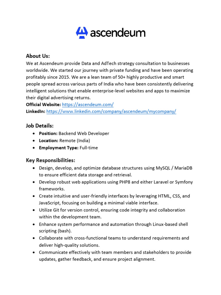 JD Backend Web Developer Ascendeum | PDF