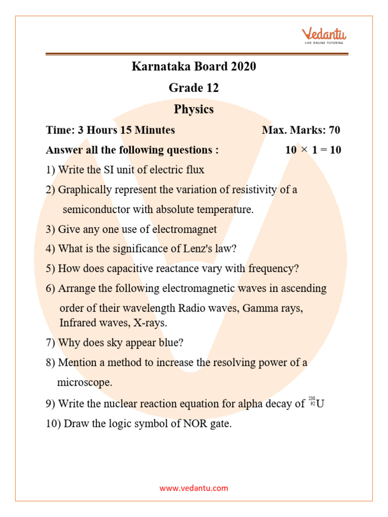 KSEEB Class 12 Physics Question Paper 2020 | PDF | Capacitor | Rectifier