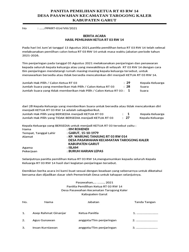 Berita Acara Pemilihan Ketua RT 03 Baruuuu | PDF