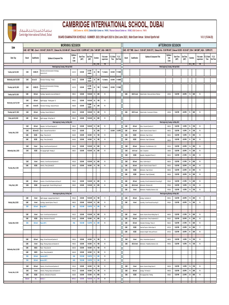 CAIE Summer 2023 Exam Schedule | PDF | Qualifications | Student ...