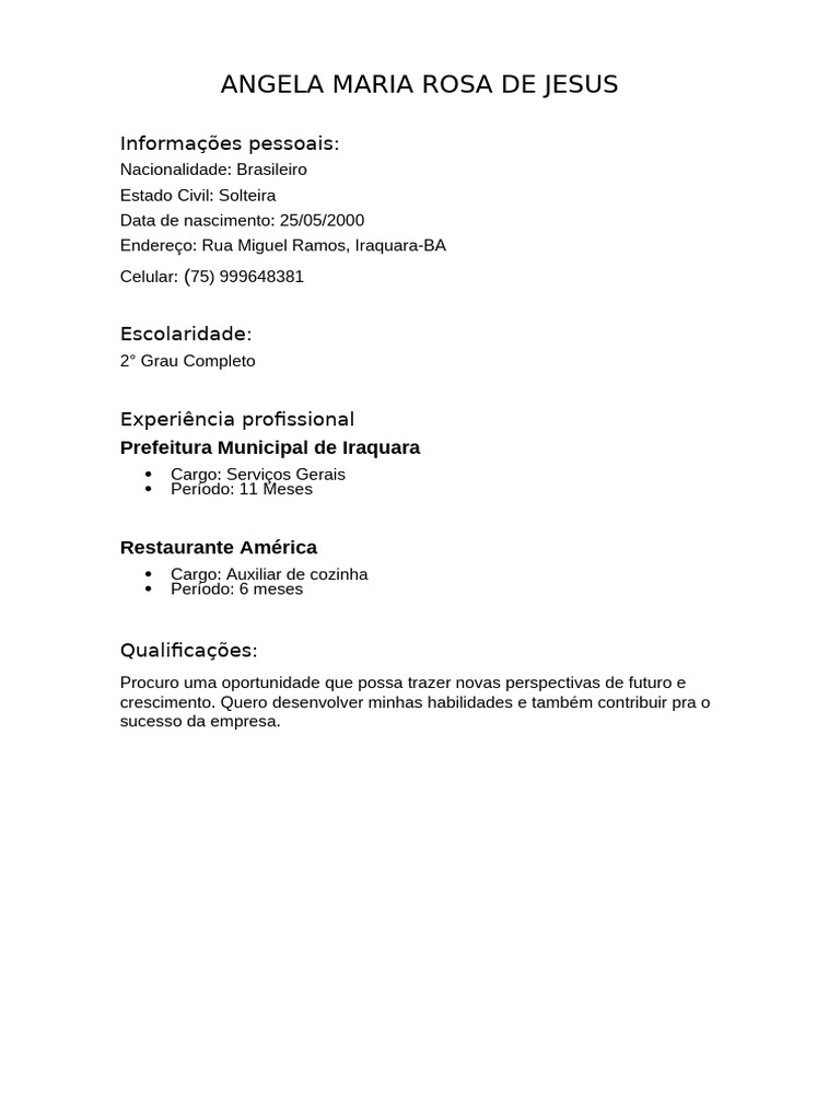 Currículo de Angela Maria Rosa de Jesus | PDF