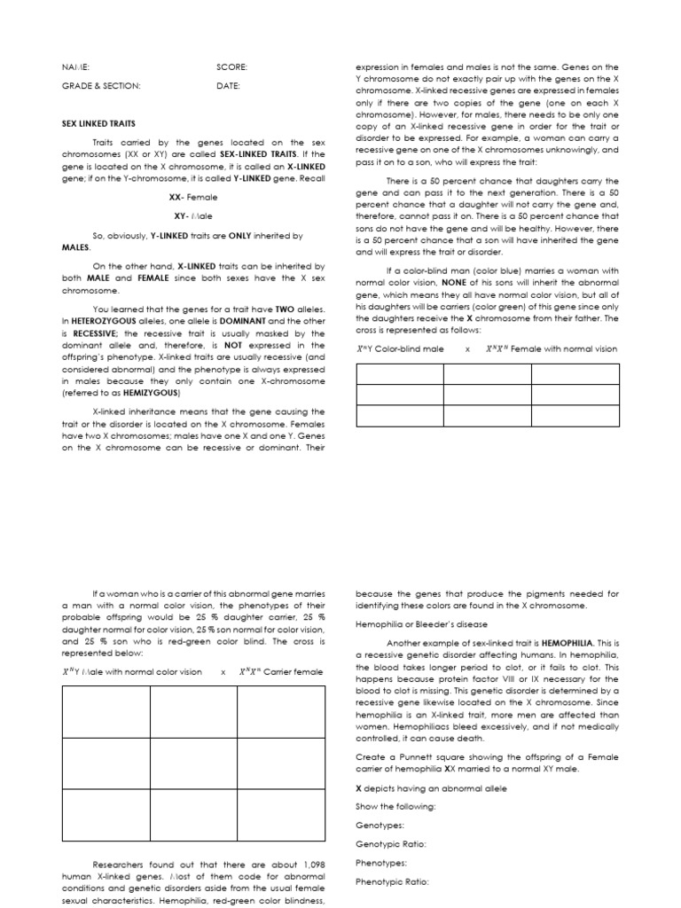 Sex Linked Traits Pdf Dominance Genetics Allele
