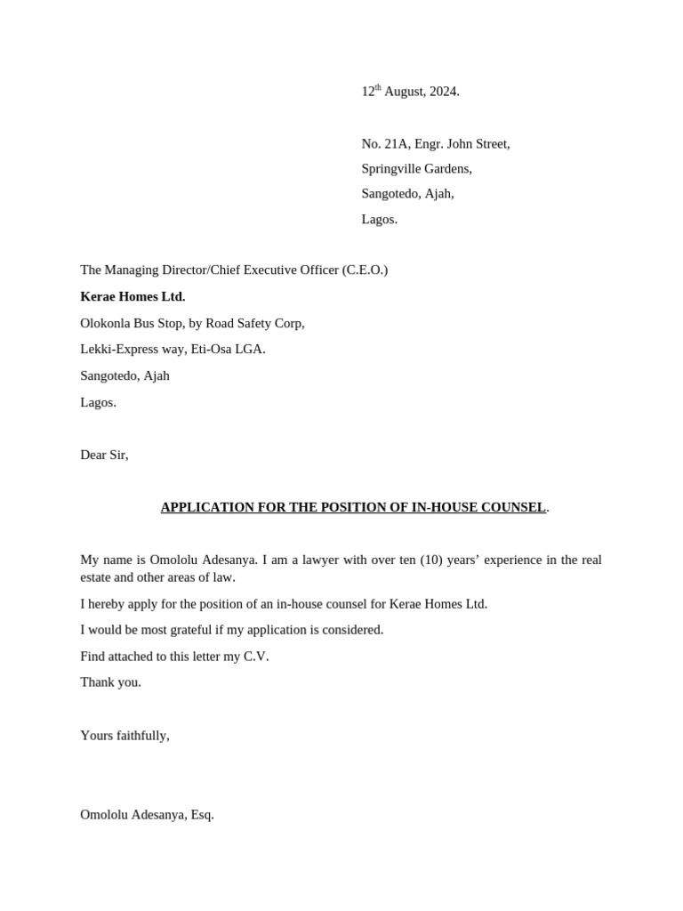 Application for In-House Counsel Position | PDF