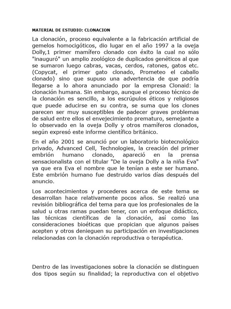 Clonación: Ética y Avances Científicos | PDF | Clonación | Reproducción