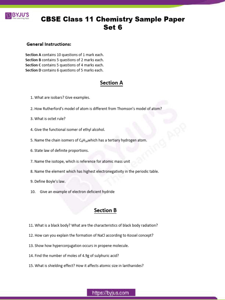 CBSE-Class-11-Chemistry-Sample-Paper-Set-6 | PDF | Chemical Compounds ...