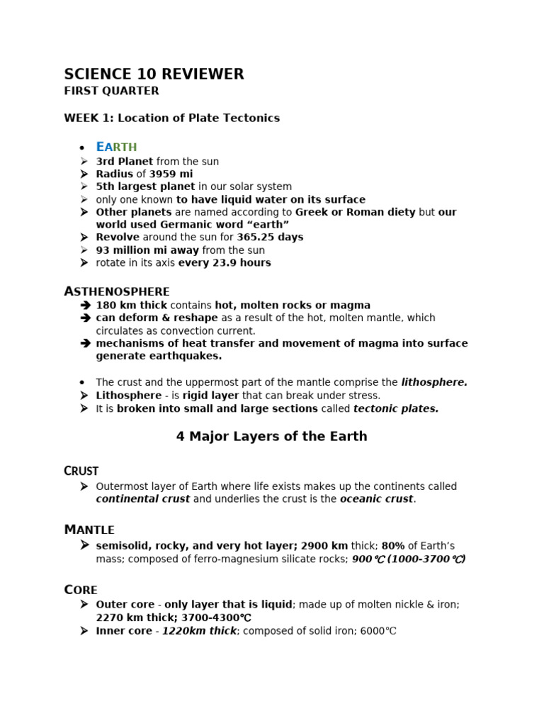 Science 10 Reviewer | PDF | Plate Tectonics | Earth