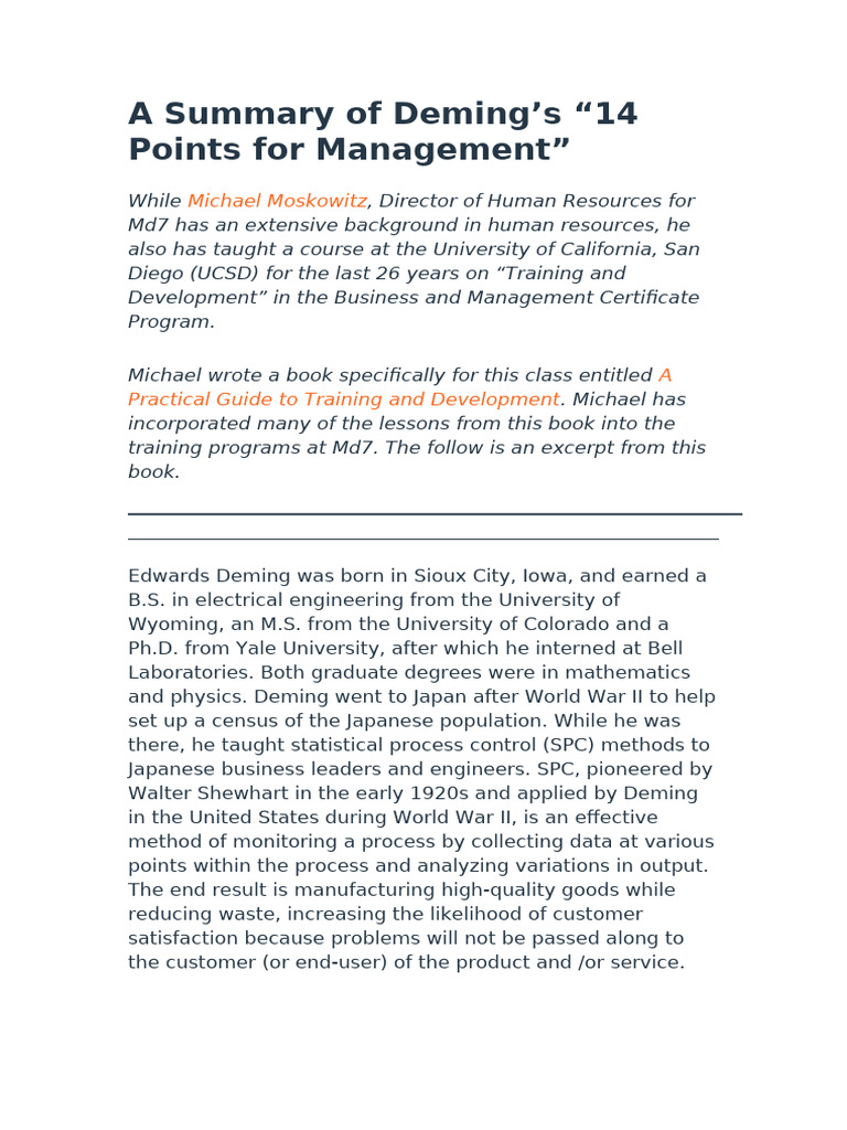 Deming's 14 Points for Management Summary | PDF | Business | Economies