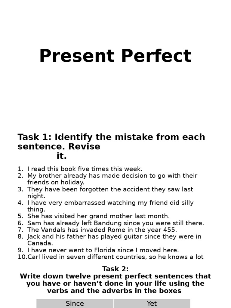 Present Perfect Grammar Exercises | PDF