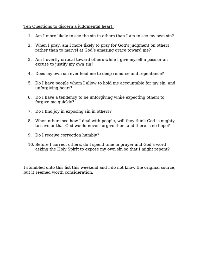 Ten Questions To Discern A Judgmental Heart | PDF