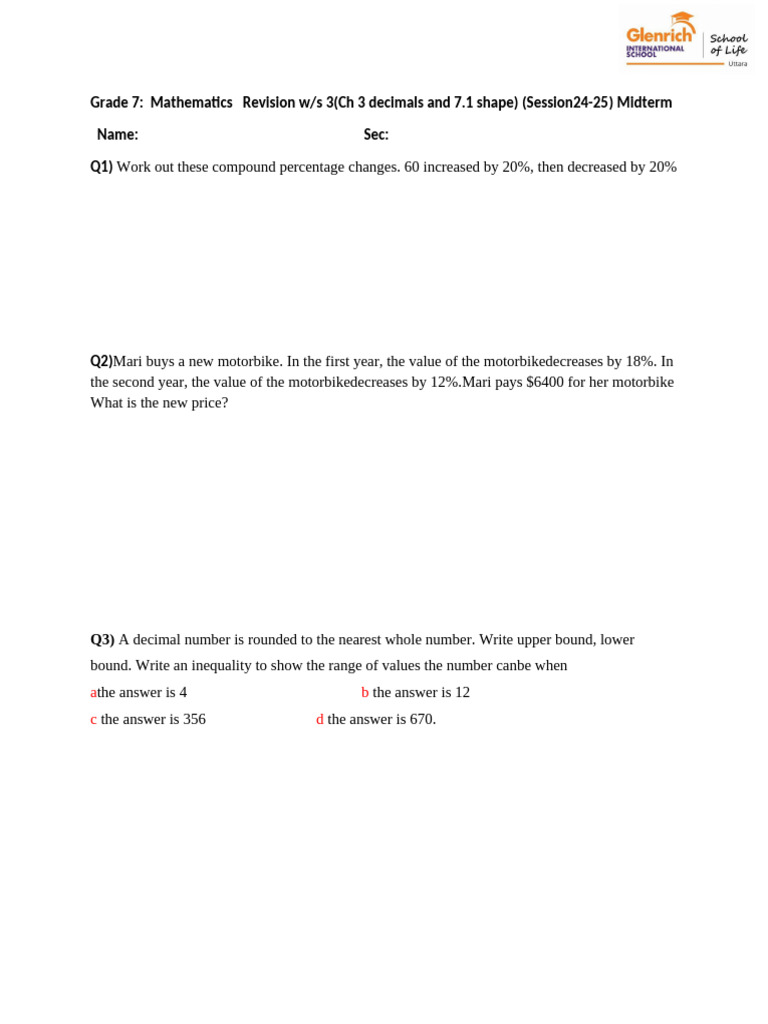GR 7 Revision Ws 3 On CH 3, and 7 Midterm 24-25 | PDF