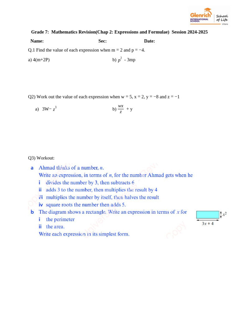 Grade 7 Revision Chp 2ws 2, 2024-25 | PDF