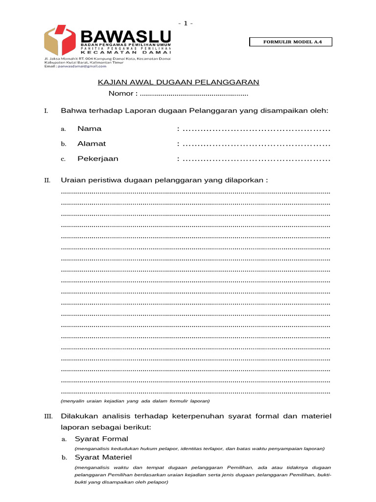 Form A.4 - Kajian Awal Dugaan Pelanggaran | PDF