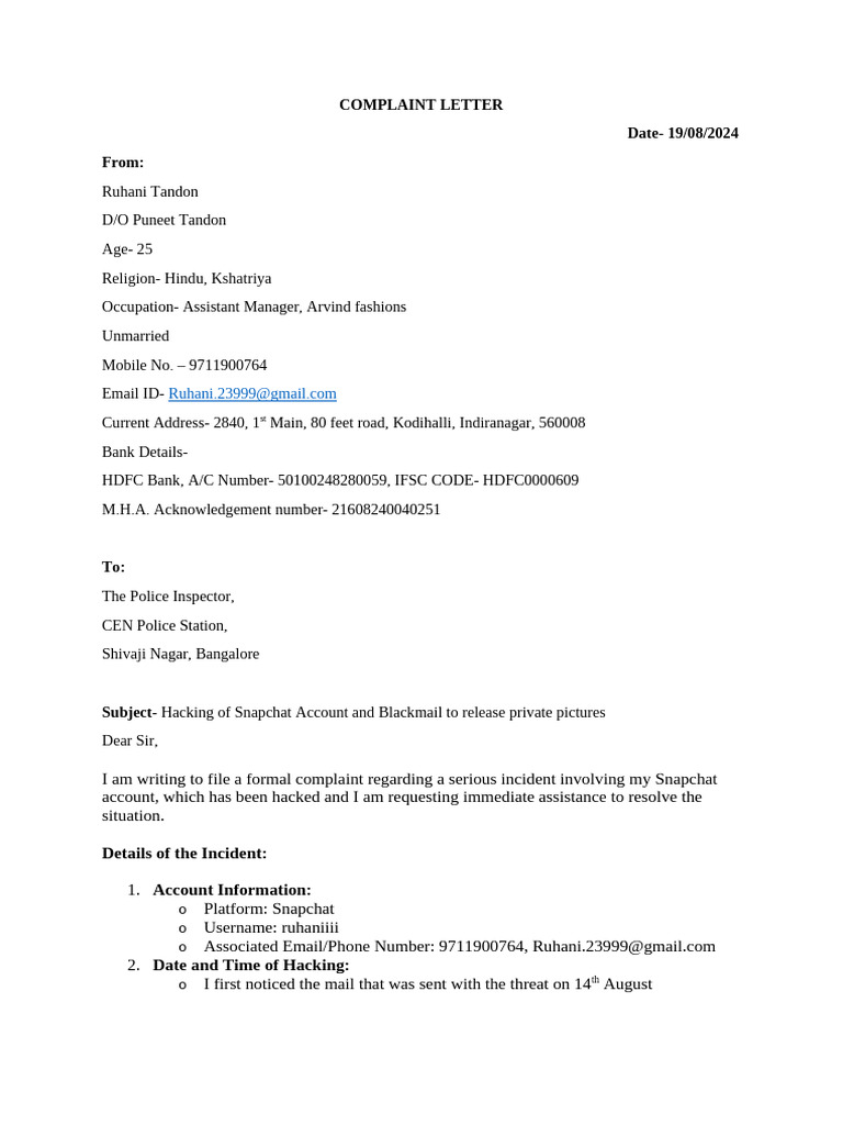 Complaint Letter Cyber Cell | PDF | Cybercrime | Computer Security