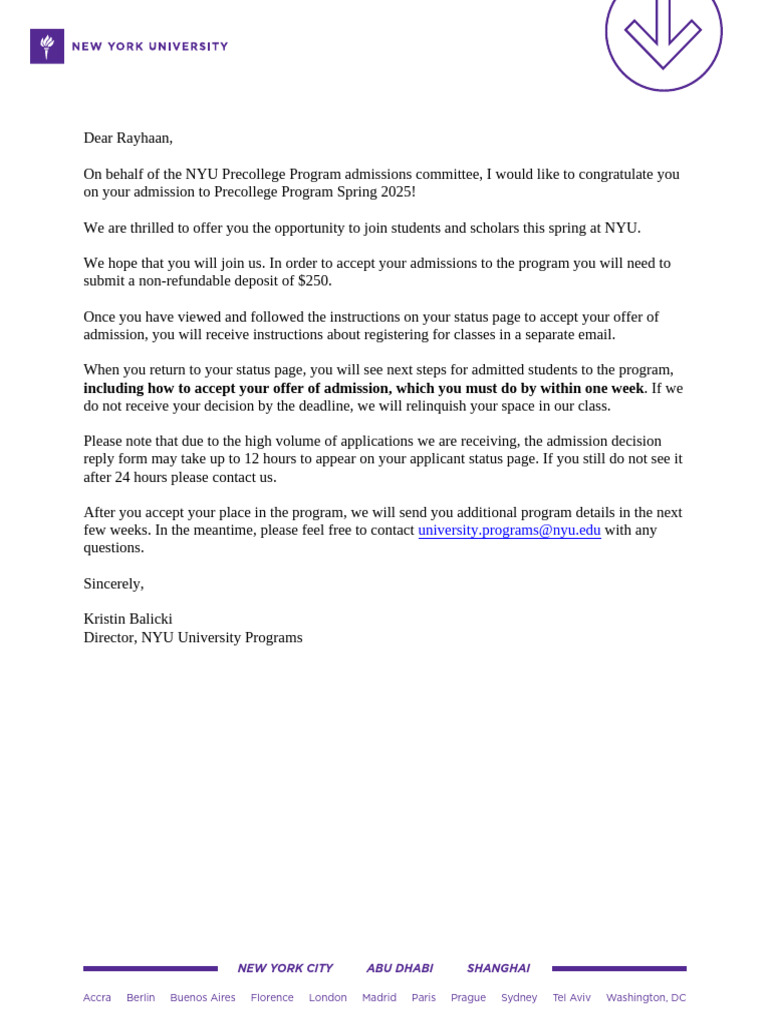 NYU Precollege Admission Offer | PDF