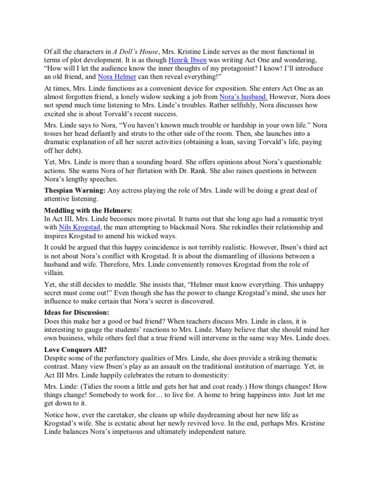 Mrs. Linde Character Analysis | PDF