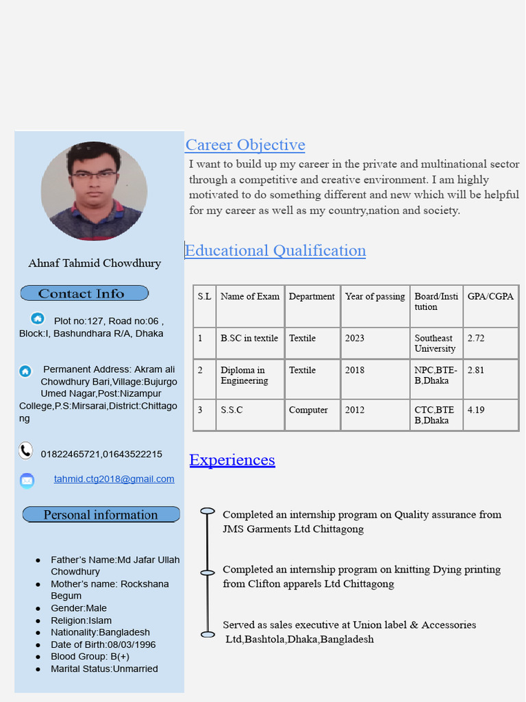 CV_of_Ahnaf tahmid chowdhury (1) | PDF | Clothing