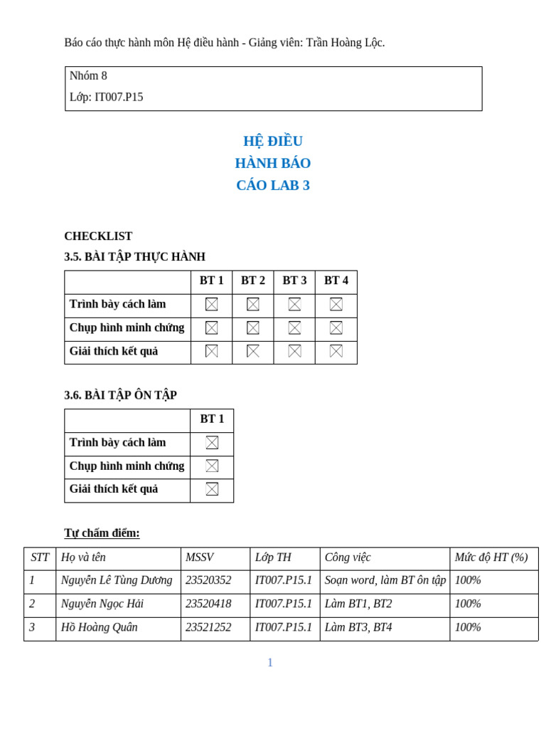 Hệ Điều Hành Báo Cáo Lab 3: Báo cáo thực hành môn Hệ điều hành - Giảng viên: Trần Hoàng Lộc ...