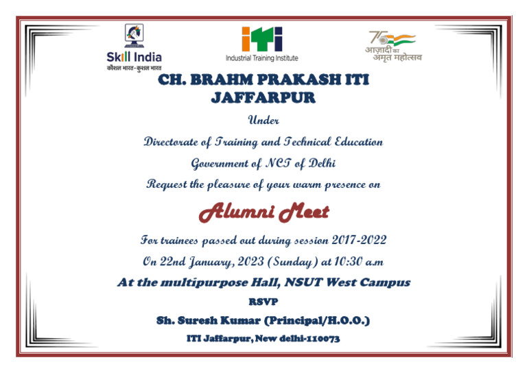 Alumni Meet Invitation for ITI Jaffarpur | PDF