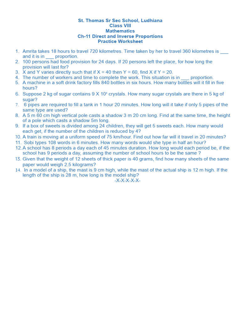 Class VIII Math: Direct & Inverse Proportions Worksheet | PDF