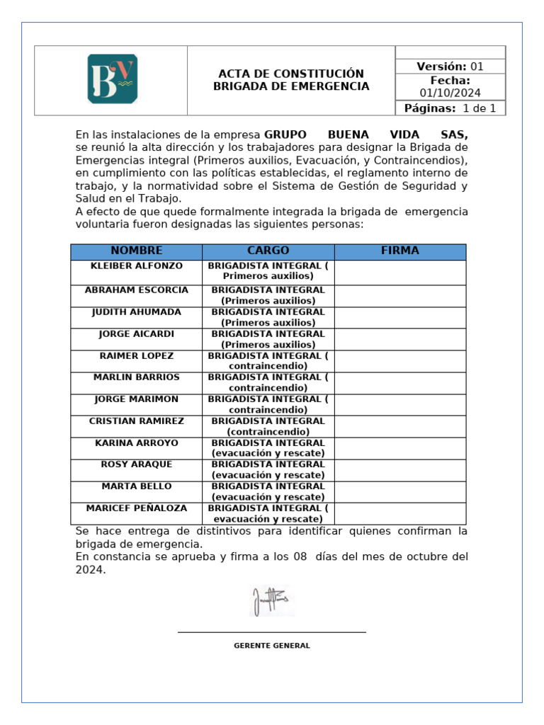 Acta Conformacion de Brigada Actualizada 2024 | PDF