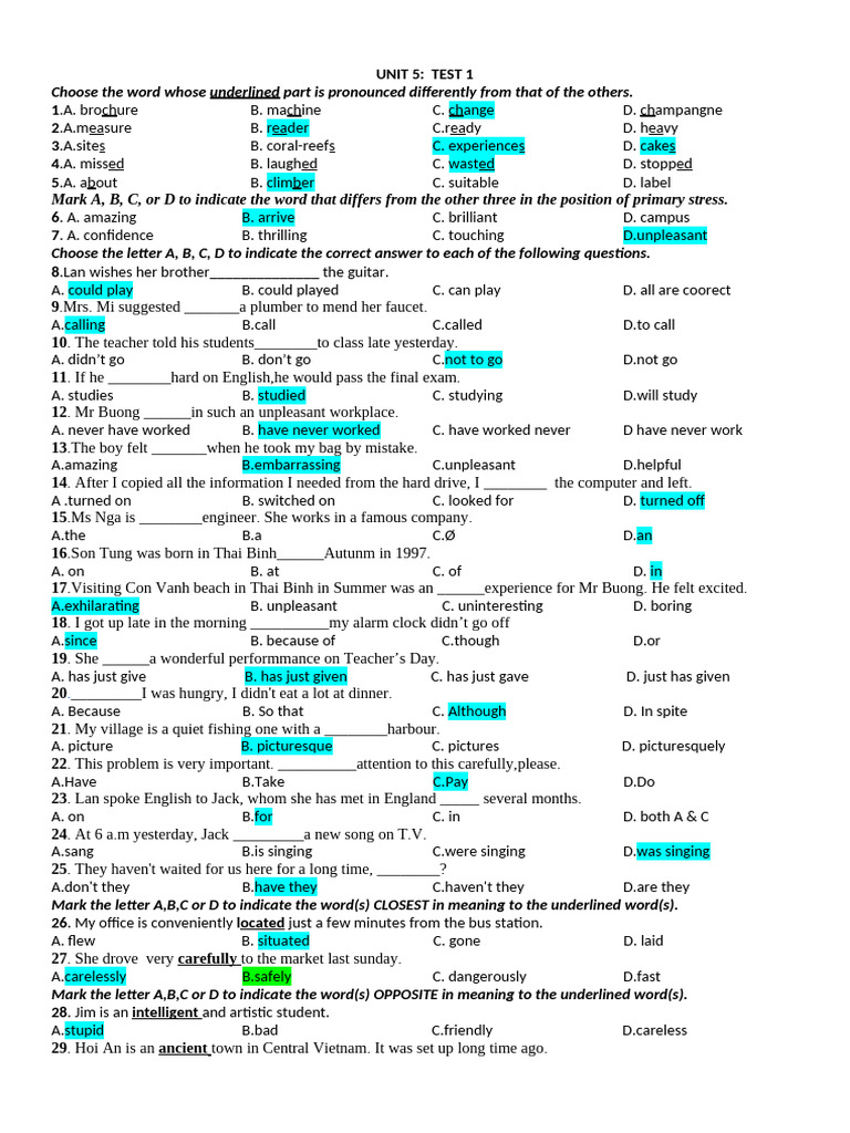 Unit 5 (Practice Test) - Key | PDF | Brazil | Vietnam
