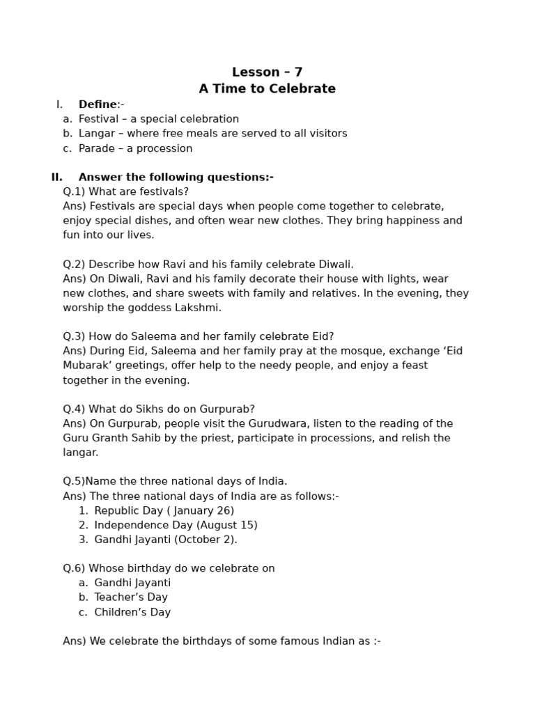 Lesson - 7 A Time To Celebrate: Define | PDF