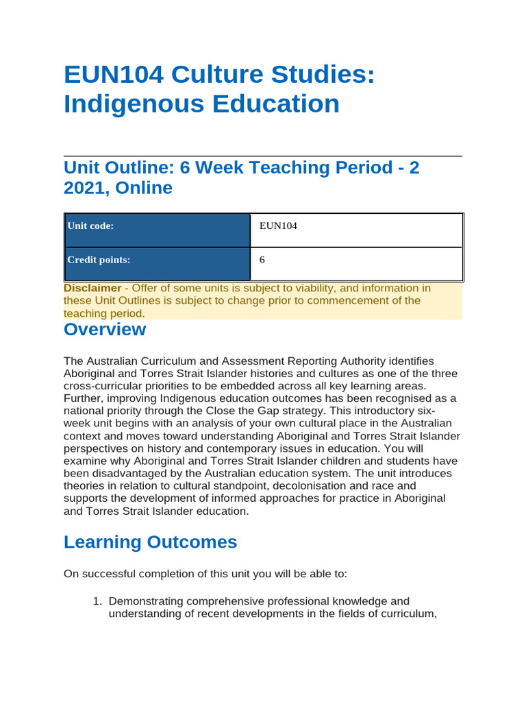 Indigenous Education Unit Outline | PDF | Educational Assessment ...