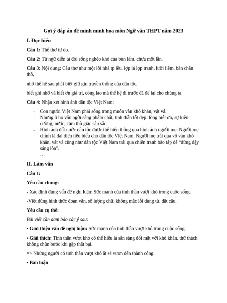 Goi y Dap An de Minh Minh Hoa Mon Ngu Van THPTQG Nam 2023 | PDF