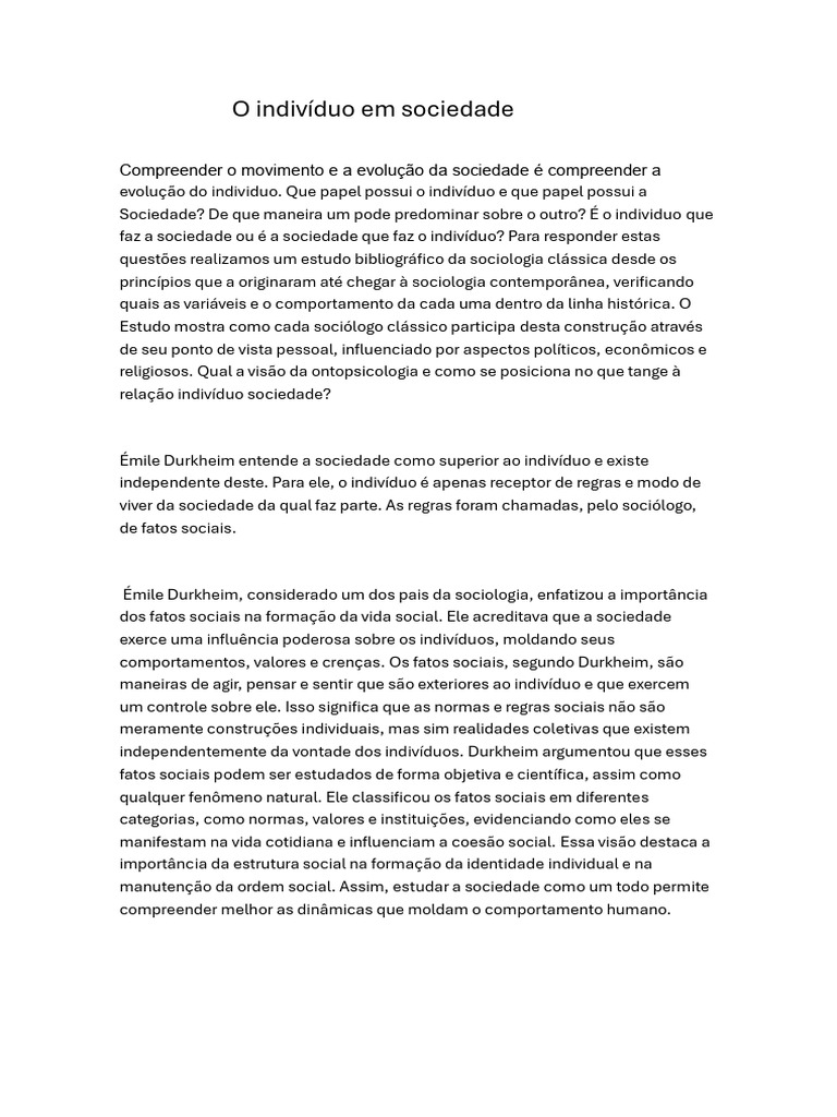 Indivíduo e Sociedade na Sociologia | PDF | Sociologia | Émile Durkheim