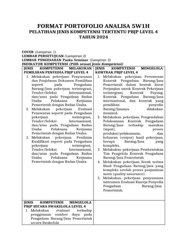 Format Laporan Portofolio 5W1H JK Tertentu PBJ Level 4 | PDF