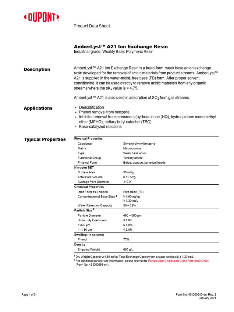 AmberLyst™ A21 Ion Exchange Resin Data | PDF | Ion Exchange | Chemical ...